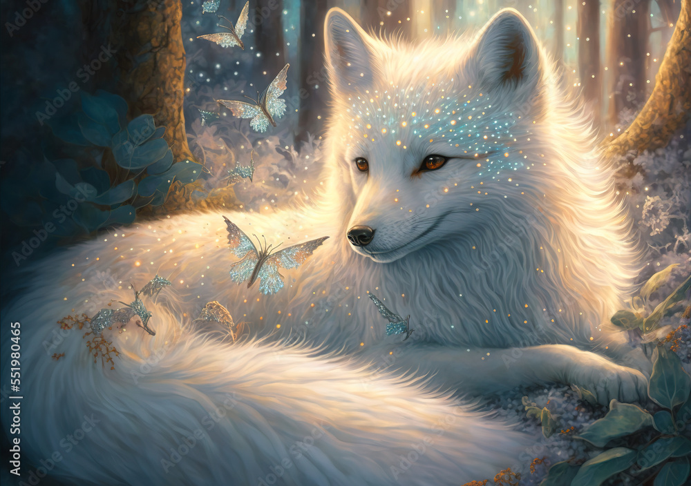 Magic white fox in fairy forest. Spirit of the forest. Digital art ...