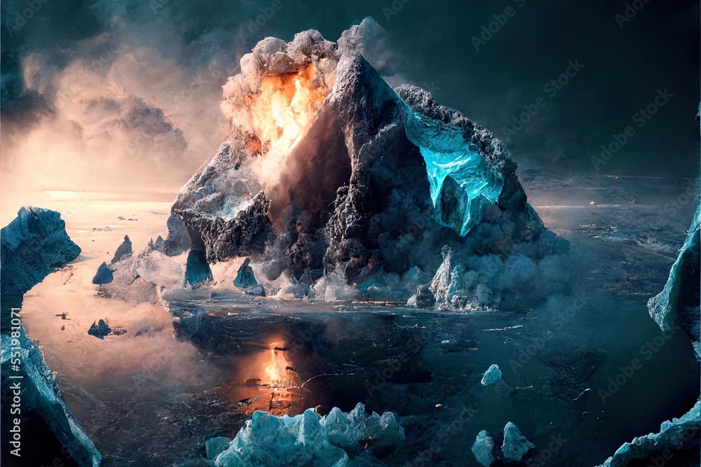 Epic iceberg island in fire and ice volcano under the storm global ...