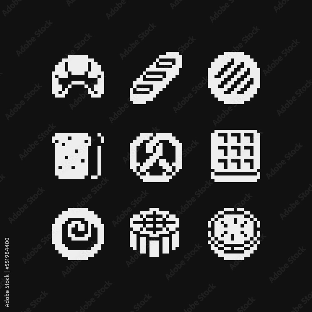 Pixel art 1-bit icons set, black and white emoji, pastries, buns, bread ...