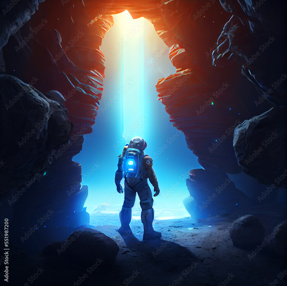 Astronaut on a foreign planet in front of a spacetime portal cave with ...