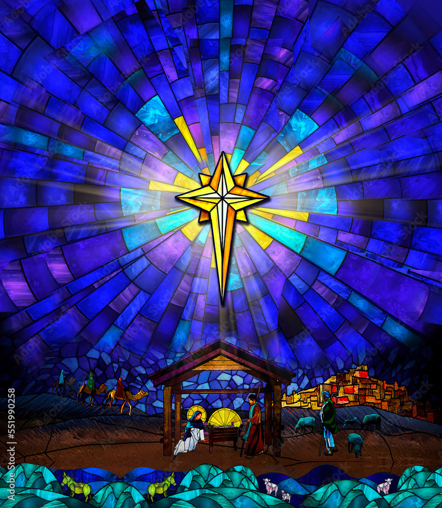 Photo & Art Print Nativity Scene Jesus stained glass window with ...