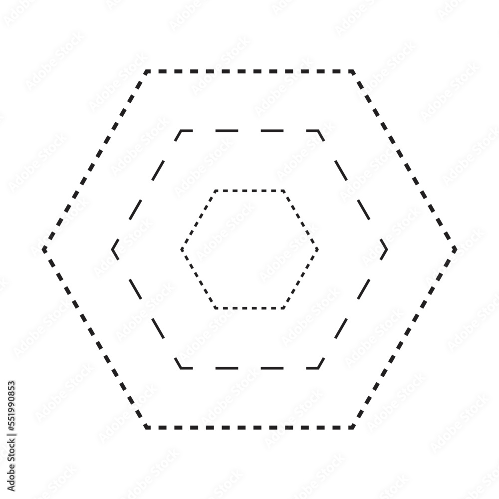 Tracing hexagon shape symbol, dashed and dotted broken line element for preschool, kindergarten ...