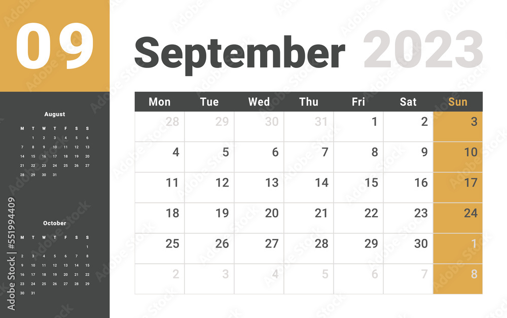 Monthly Calendar Template of september 2023. Vector layout simple ...