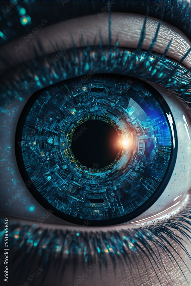 closeup Stylized robotic eye. Image recognition machine vision neural ...