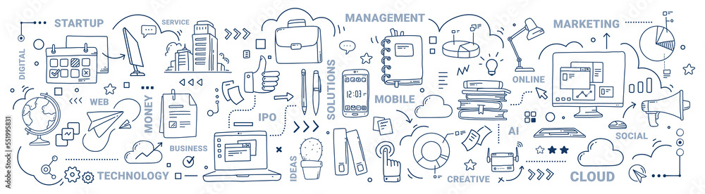 Vector business illustration of technology and service on white color ...