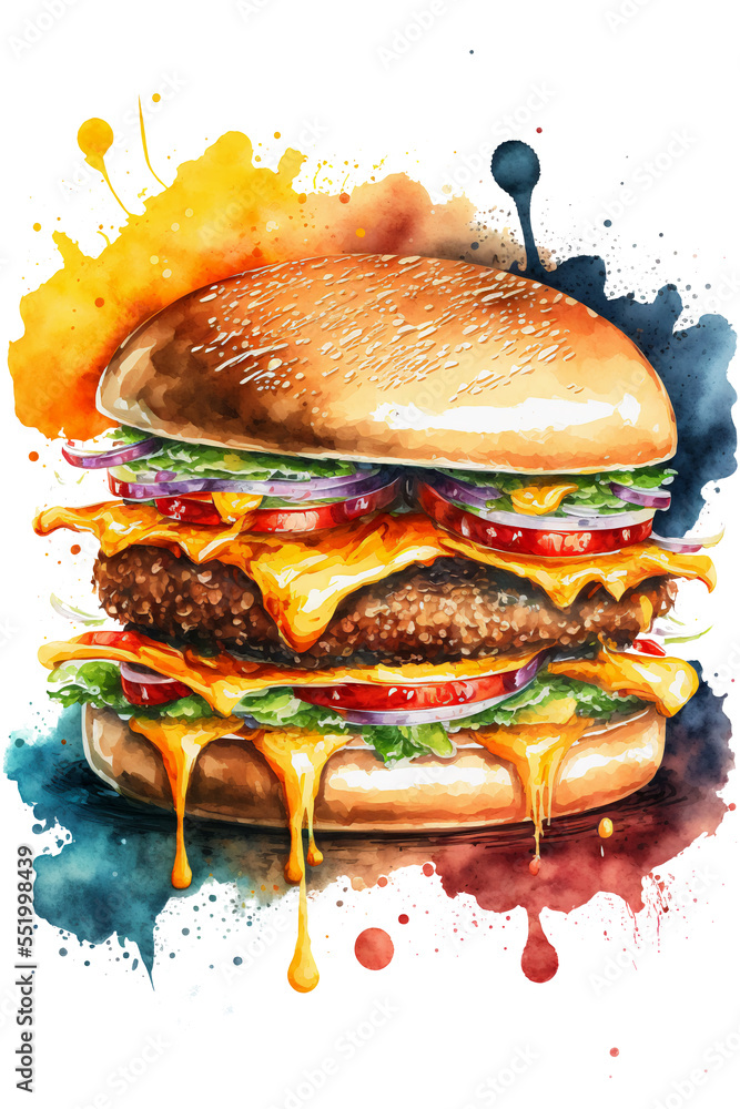 Colorful painting the double cheese burger on transparent background ...