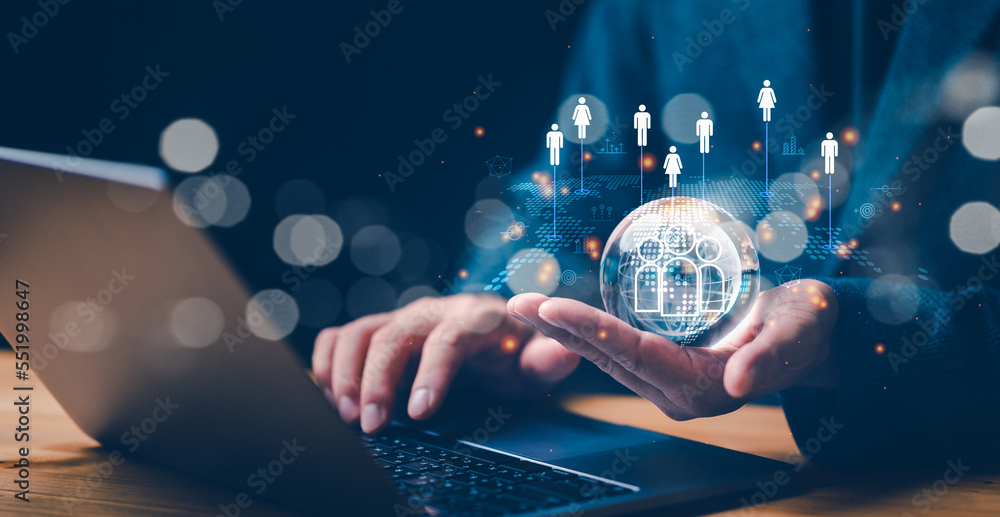 Customer Relationship Management, Businessman use computer with global ...