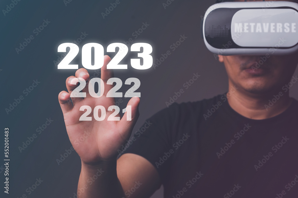 Concept of virtual world and connection. Man finger touching neon 2023 ...