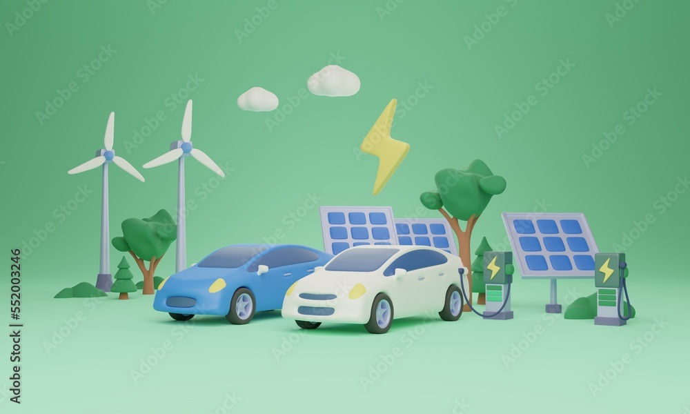 Electric vehicle charging site, 3D illustration. Renewable and clean ...