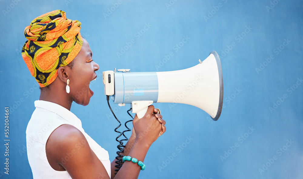 Black woman, megaphone and free space for freedom of speech, justice ...