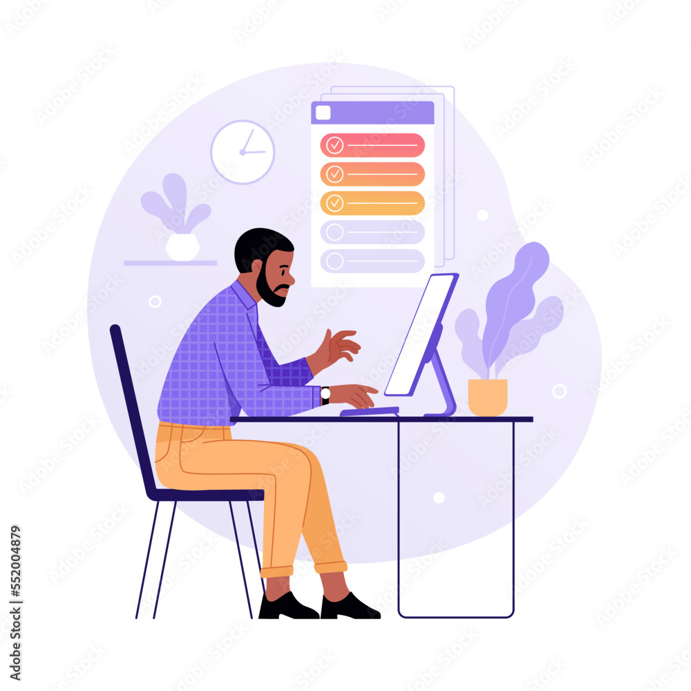 Work on the computer concept. Vector cartoon illustration of a young ...