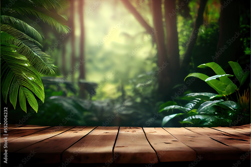 misty jungle background with empty wooden table for product display ...