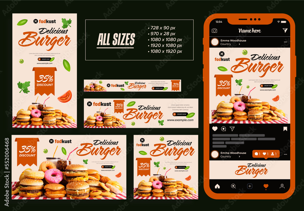 Food Burger Web Banner Ads Set Stock Template | Adobe Stock