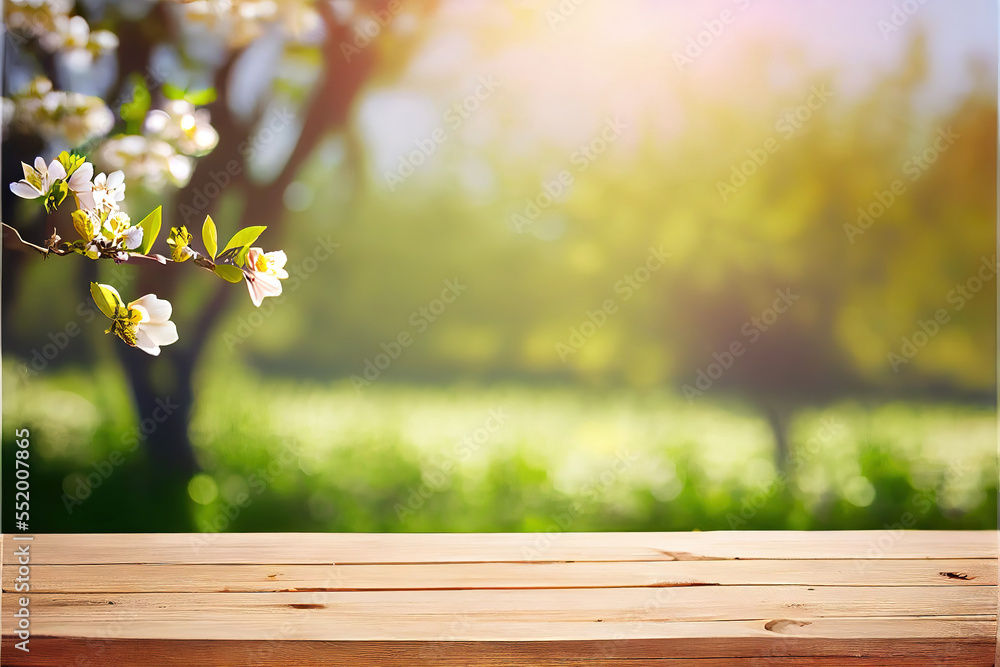 beautiful spring green meadow background with empty wooden table for ...