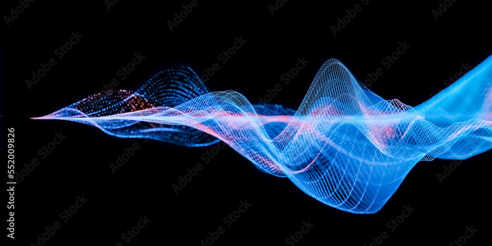 Abstract wireframe sound waves, visualization of frequency signals ...