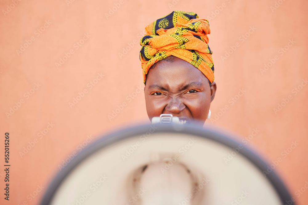Megaphone, angry and portrait of black woman shout for democracy vote ...