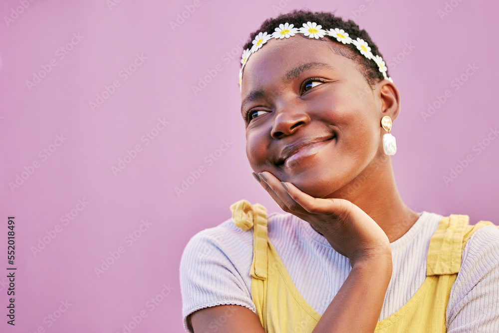 Black woman, smile and face thinking, happy and daydream in spring ...
