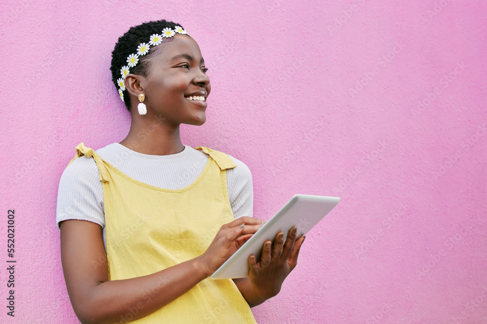 Black woman with tablet, marketing and advertising of digital product ...
