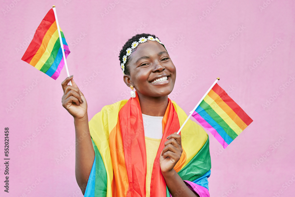 Black woman, flag and pride with lgbtq portrait, freedom and support ...