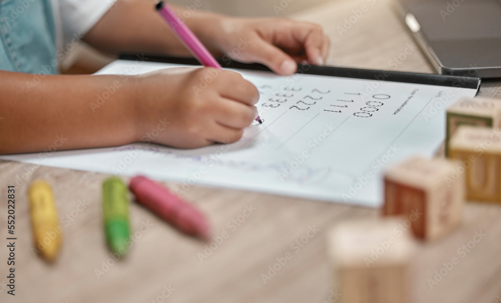 Education, paper and hands of child writing math homework, learning and ...