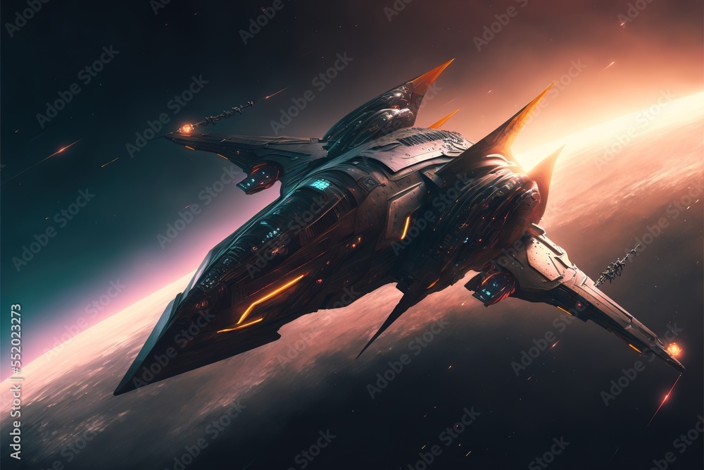 A small narrow spaceship with sleek lines and sharp angles, flying over ...