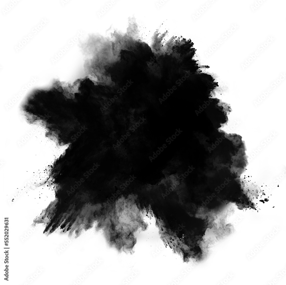 abstract powder splatted background. Black powder explosion on ...