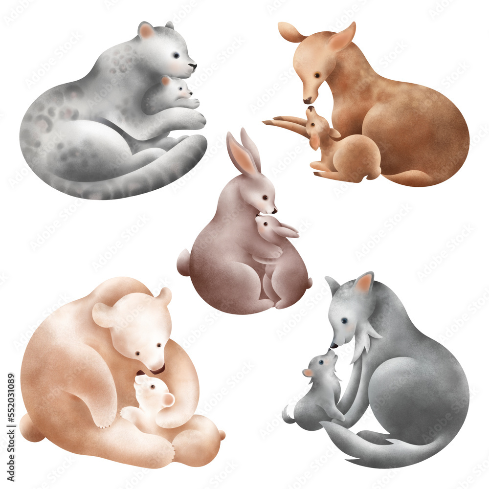 Set of cute animal family: baby cuddle with mothers. Animal parents and ...