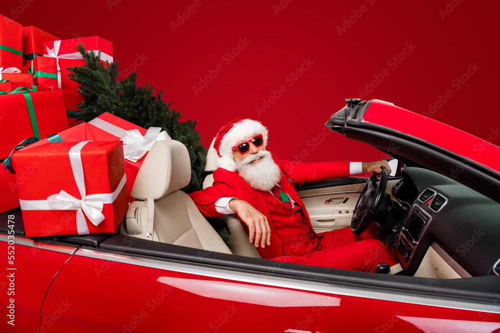 Profile photo of aged man inside car party deliver service pile stack ...