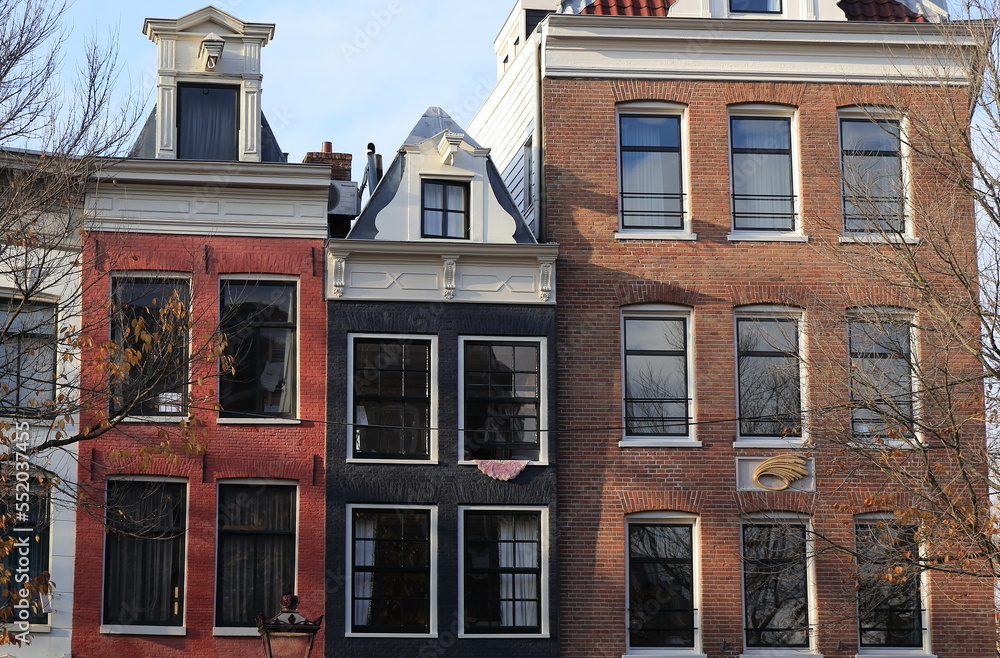 Amsterdam Spiegelgracht Canal Brick House Facades with Golden Sculpted ...