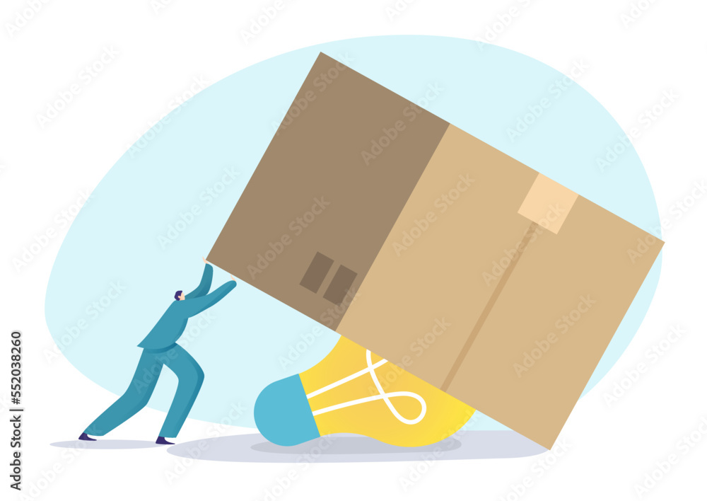Find idea solution under box, vector illustration, flat tiny person man ...