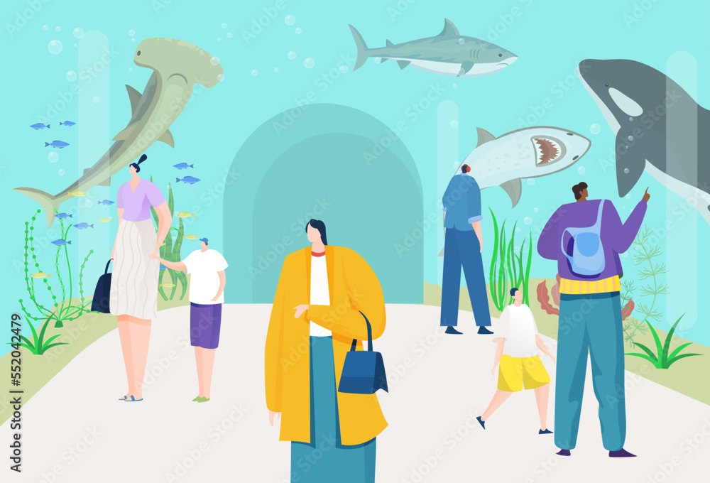 Oceanarium concept, vector illustration, flat man woman character look ...