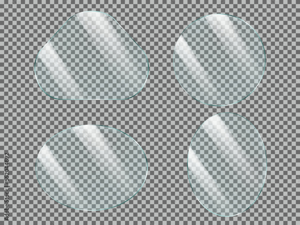 Set of reflective glass plate or banner. Round and oval transparent ...