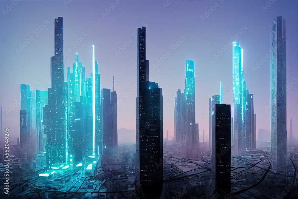Futuristic city with skyscrapers and blue tones. Great as a backdrop ...