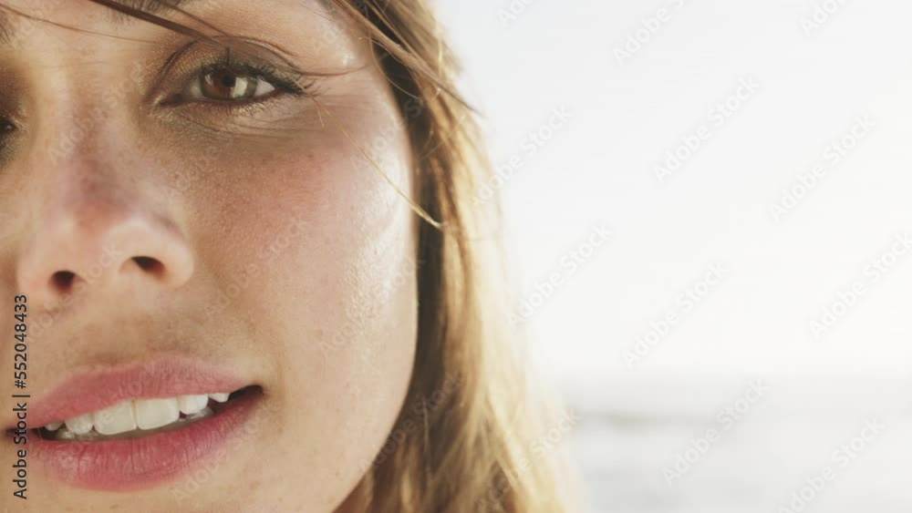 Woman, face and smile portrait on beach for summer vacation, holiday ...