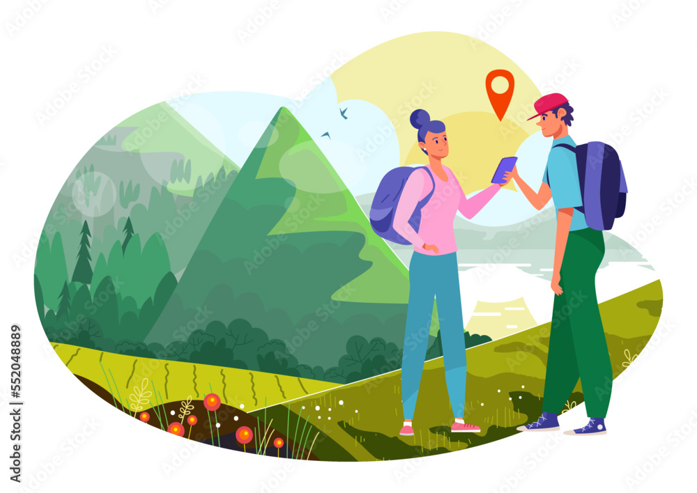 Adventure trip concept, vector illustration, flat couple man woman ...
