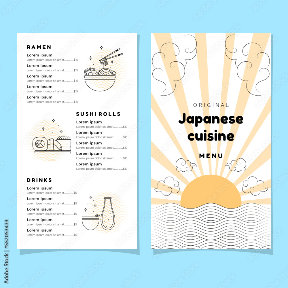 Japanese cuisine menu, Minimalist restaurant menu, modern Japanese ...
