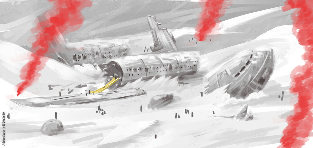 Crisis situation .a plane crash in the snowy mountains. People survived ...