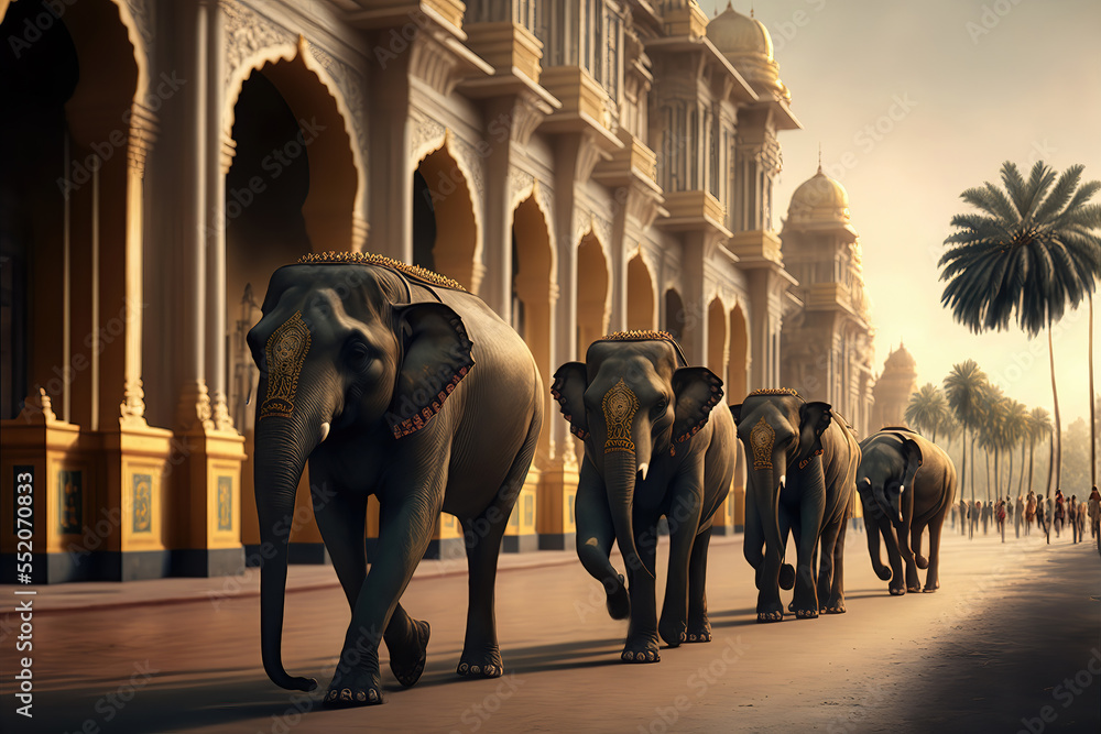 Generative AI : elephants in front of Mysore palace, India for the ...