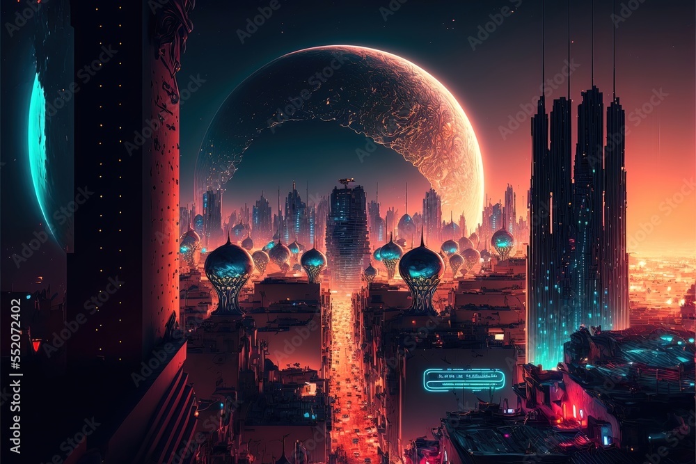 Futuristic night neon cityscape with traditional Arabic architecture ...
