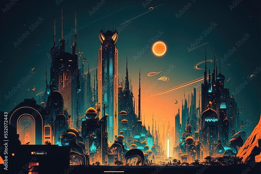 Futuristic night neon cityscape with traditional Arabic architecture ...