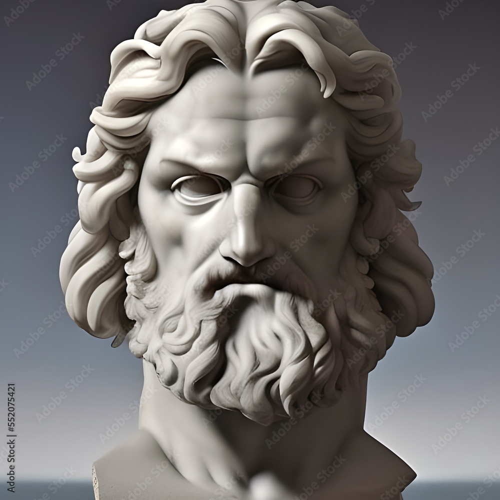 3D illustration featuring a chiseled white marble statue bust of Greek ...