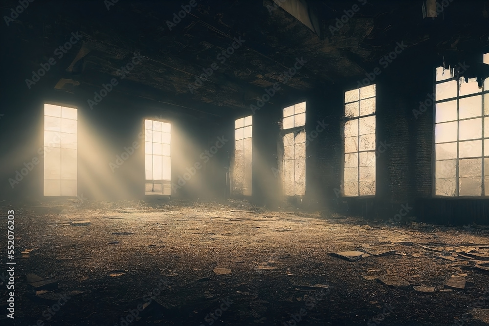 Old warehouse with light rays shining through the windows. Concrete ...
