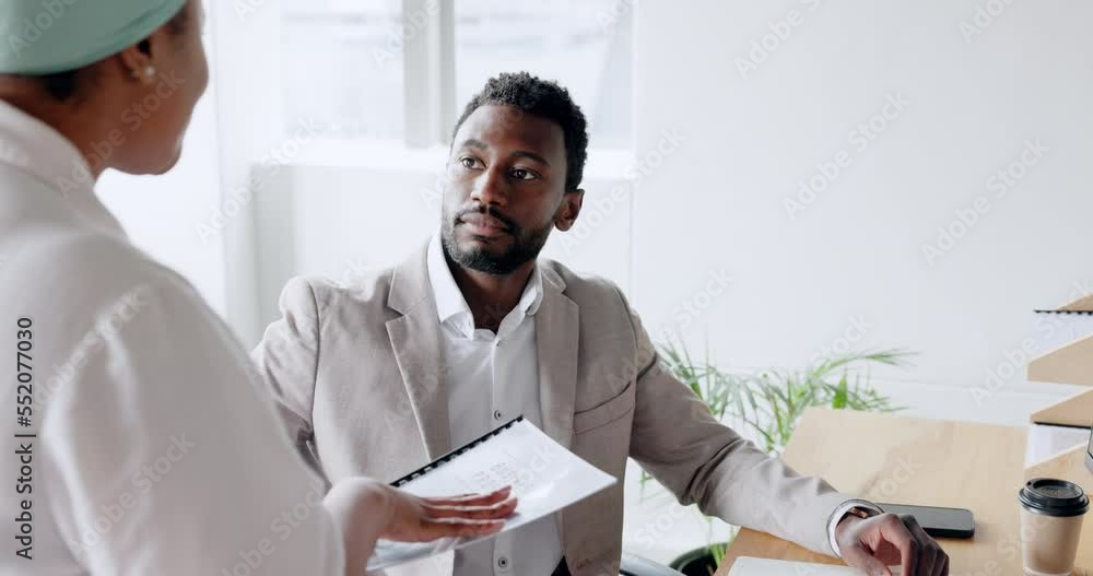 Black man, leadership support and employee with documents for planning ...