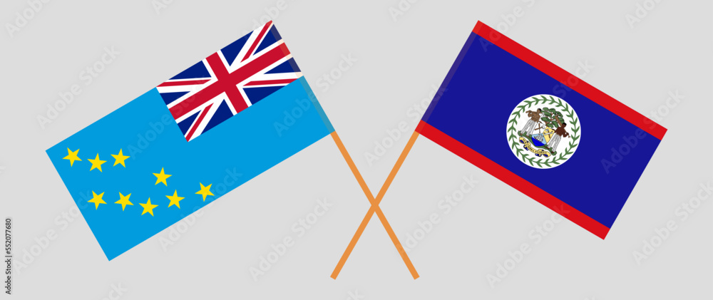 Crossed flags of Tuvalu and Belize. Official colors. Correct proportion ...