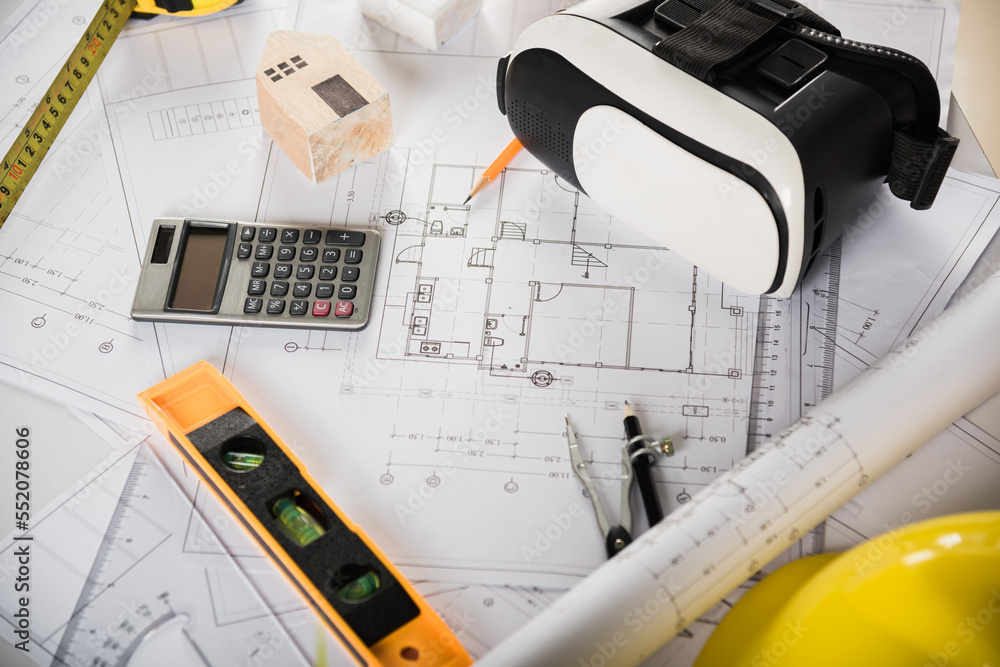 Architect workplace top view. Architectural blueprint paper project ...