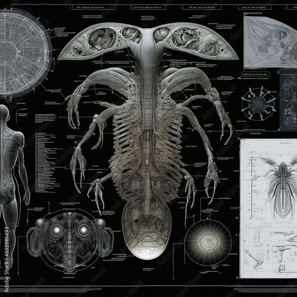 Alien anatomy chart fictitious generative AI artwork Stock Illustration ...