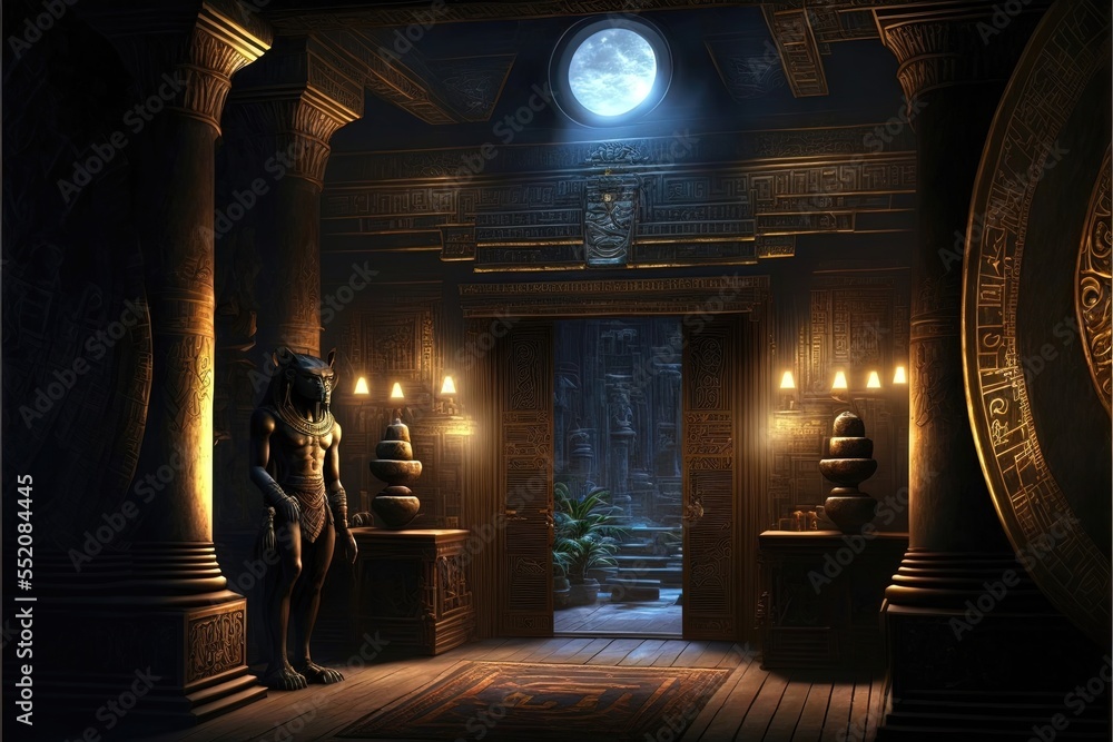 Black room interior in ancient Egyptian style, gold decor, fantasy ...
