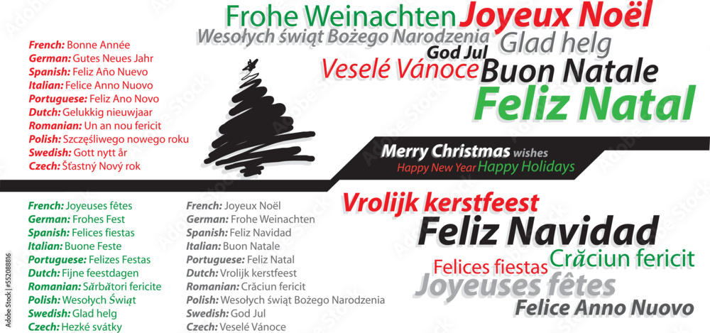 merry christmas happy new year happy holidays languages doodle design ...