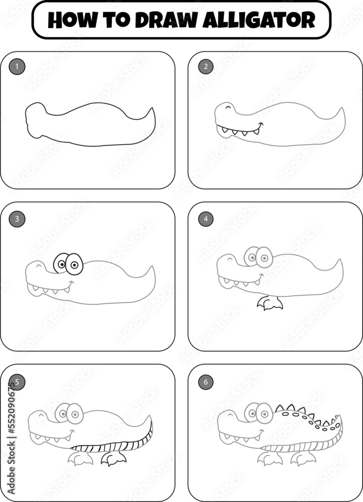How to draw Alligator step-by-step drawing page for kids Stock Vector ...