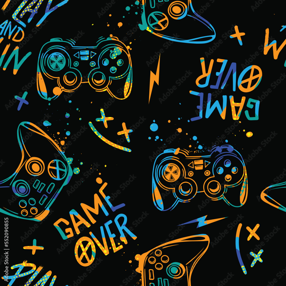 Abstract Seamless hand drawn pattern with joystick. Gamer elements for ...